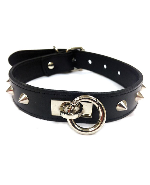 LEATHER O RING STUDDED COLLAR BLACK - Shop Male Q